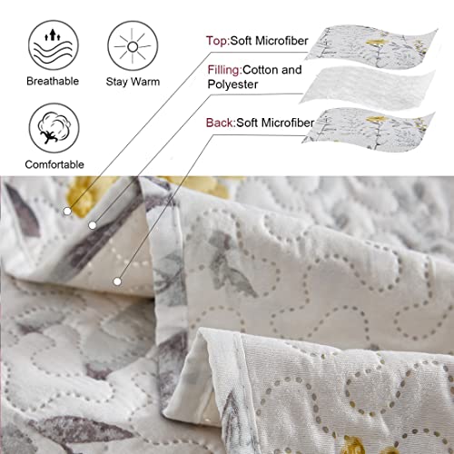 Quilt Set King Floral Bedspread Coverlet King Floral Quilts Bedding Spring Summer Lightweight Quilts Bedspread Reversible Bedding Grey Leaf Yellow Floral Quilt Collection Bedspread with Pillow Shams