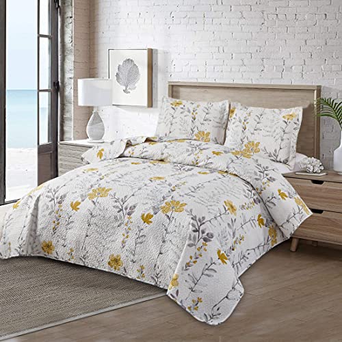 Quilt Set King Floral Bedspread Coverlet King Floral Quilts Bedding Spring Summer Lightweight Quilts Bedspread Reversible Bedding Grey Leaf Yellow Floral Quilt Collection Bedspread with Pillow Shams