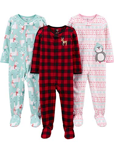 Simple Joys by Carter's Baby Girls' Loose-Fit Flame Resistant Fleece Footed Pajamas, Pack of 3, Buffalo Check/Penguin/Unicorn, 18 Months