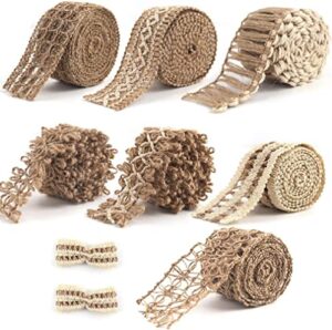 vgoodall 7 pack jute ribbons, rustic ribbons lace craft ribbon net burlap fabric for diy sewing craft gifts wrapping party holiday and rustic wedding decoration (total length: 14 meters)