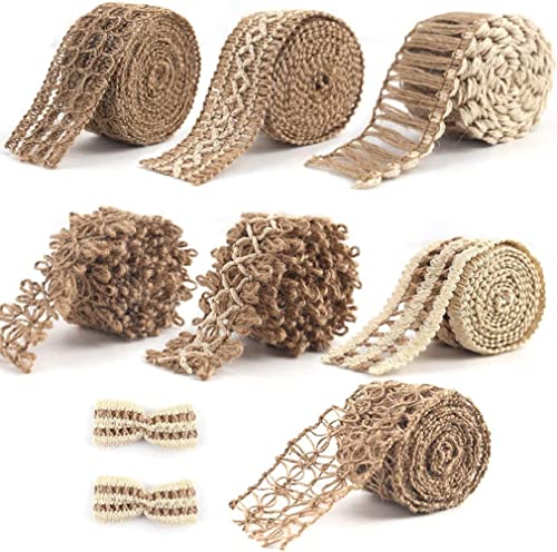 VGOODALL 7 Pack Jute Ribbons, Rustic Ribbons Lace Craft Ribbon Net Burlap Fabric for DIY Sewing Craft Gifts Wrapping Party Holiday and Rustic Wedding Decoration (Total Length: 14 Meters)