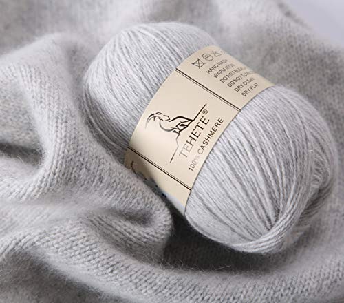 TEHETE 100% Cashmere Yarn for Crocheting 3-Ply Warm Soft Luxurious Fuzzy Knitting Yarn (Grey)