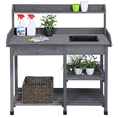 Topeakmart 45.2x17.7x47.6'' (LxWxH) Potting Benches Outdoor Garden Potting Table Work Bench with Removable Sink Drawer Rack Shelves Work Station, Gray