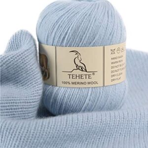 TEHETE 100% Merino Wool Yarn for Knitting 3-Ply Luxury Warm Soft Lightweight Crochet Yarn (Sky Blue)