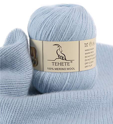 TEHETE 100% Merino Wool Yarn for Knitting 3-Ply Luxury Warm Soft Lightweight Crochet Yarn (Sky Blue)