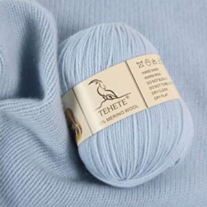 TEHETE 100% Merino Wool Yarn for Knitting 3-Ply Luxury Warm Soft Lightweight Crochet Yarn (Sky Blue)