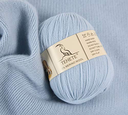 TEHETE 100% Merino Wool Yarn for Knitting 3-Ply Luxury Warm Soft Lightweight Crochet Yarn (Sky Blue)