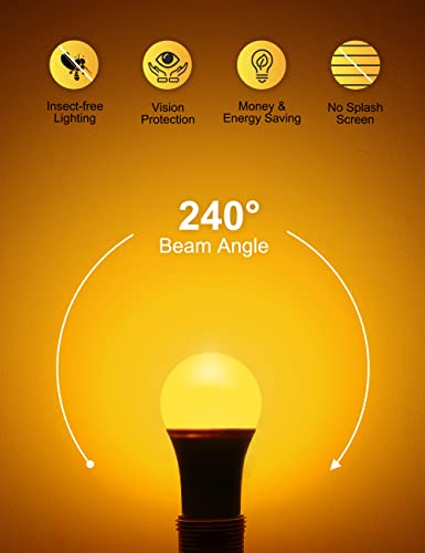 Yellow LED Light Bulbs [ 4 Pack ], A19 Bug Light Bulb Outside, 2000K Dimmable E26 Bug Lights 10W(60W Equivalent) Non-Attracting, Yellow for Porch Lights for Home, Halloween Decorative Illumination