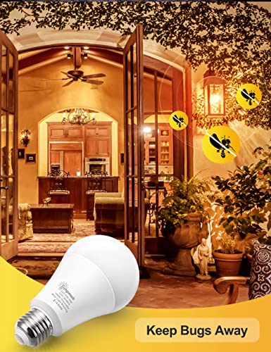 Yellow LED Light Bulbs [ 4 Pack ], A19 Bug Light Bulb Outside, 2000K Dimmable E26 Bug Lights 10W(60W Equivalent) Non-Attracting, Yellow for Porch Lights for Home, Halloween Decorative Illumination