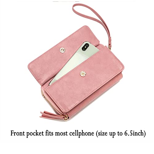 Women Crossbody Wallet RFID Blocking Cell Phone wristlet Purse with shoulder strap small cross body bag （Pink