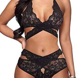 Donnalla Women Sexy Lingerie Set Two Piece Lace Bra and Panty Set Babydoll Sleepwear, Black, Large