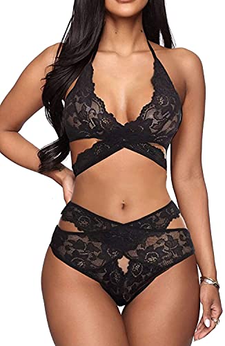 Donnalla Women Sexy Lingerie Set Two Piece Lace Bra and Panty Set Babydoll Sleepwear, Black, Large