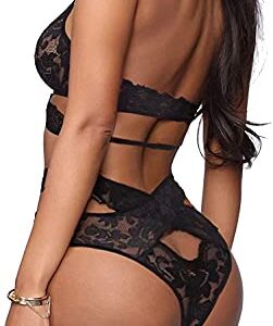 Donnalla Women Sexy Lingerie Set Two Piece Lace Bra and Panty Set Babydoll Sleepwear, Black, Large