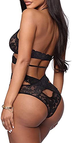 Donnalla Women Sexy Lingerie Set Two Piece Lace Bra and Panty Set Babydoll Sleepwear, Black, Large