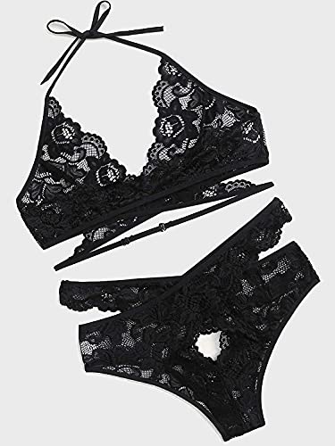 Donnalla Women Sexy Lingerie Set Two Piece Lace Bra and Panty Set Babydoll Sleepwear, Black, Large