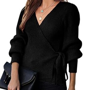 Saodimallsu Womens V Neck Wrap Sweater Loose Batwing Long Sleeve Sexy Pullover Sweaters Tie Ribbed Knit Jumper Tops Black