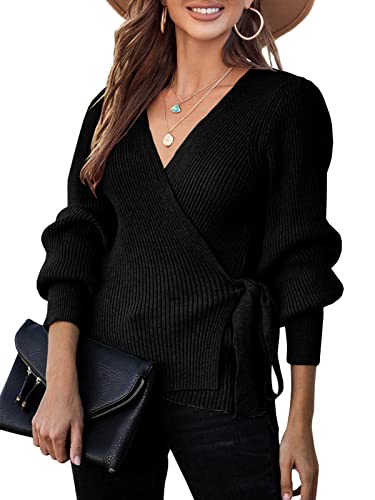 Saodimallsu Womens V Neck Wrap Sweater Loose Batwing Long Sleeve Sexy Pullover Sweaters Tie Ribbed Knit Jumper Tops Black