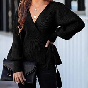 Saodimallsu Womens V Neck Wrap Sweater Loose Batwing Long Sleeve Sexy Pullover Sweaters Tie Ribbed Knit Jumper Tops Black