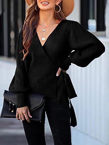 Saodimallsu Womens V Neck Wrap Sweater Loose Batwing Long Sleeve Sexy Pullover Sweaters Tie Ribbed Knit Jumper Tops Black