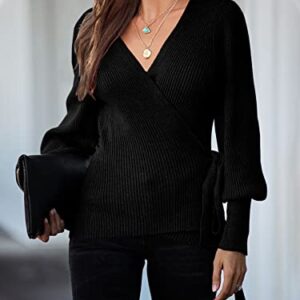 Saodimallsu Womens V Neck Wrap Sweater Loose Batwing Long Sleeve Sexy Pullover Sweaters Tie Ribbed Knit Jumper Tops Black