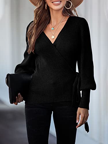 Saodimallsu Womens V Neck Wrap Sweater Loose Batwing Long Sleeve Sexy Pullover Sweaters Tie Ribbed Knit Jumper Tops Black