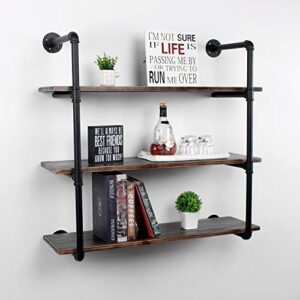 weven 36" industrial pipe bookshelf wall mounted,3 tier rustic floating shelves,farmhouse kitchen bar shelving,home decor book shelves,diy bookcase,hanging wall shelves,black