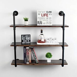 Weven 36" Industrial Pipe Bookshelf Wall Mounted,3 Tier Rustic Floating Shelves,Farmhouse Kitchen Bar Shelving,Home Decor Book Shelves,DIY Bookcase,Hanging Wall Shelves,Black