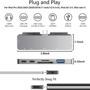 iPad Pro USB C Hub, 7-in-1 Adapter for iPad Pro 12.9 11 inch iPad Air 5 4 Docking Station with 4K HDMI, USB-C PD, SD/TF Card Reader, USB 3.0, 3.5mm Headphone Jack, iPad Mini 6 Accessories