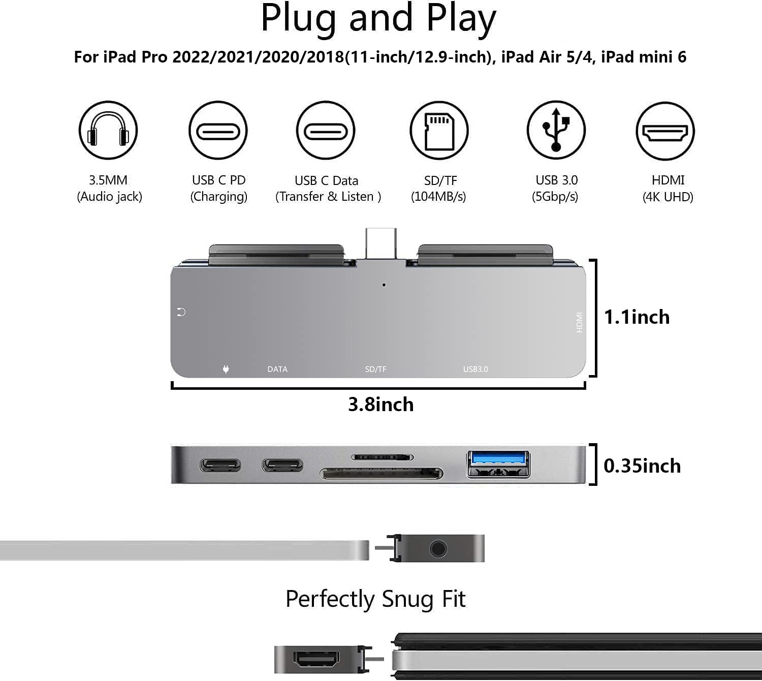 iPad Pro USB C Hub, 7-in-1 Adapter for iPad Pro 12.9 11 inch iPad Air 5 4 Docking Station with 4K HDMI, USB-C PD, SD/TF Card Reader, USB 3.0, 3.5mm Headphone Jack, iPad Mini 6 Accessories