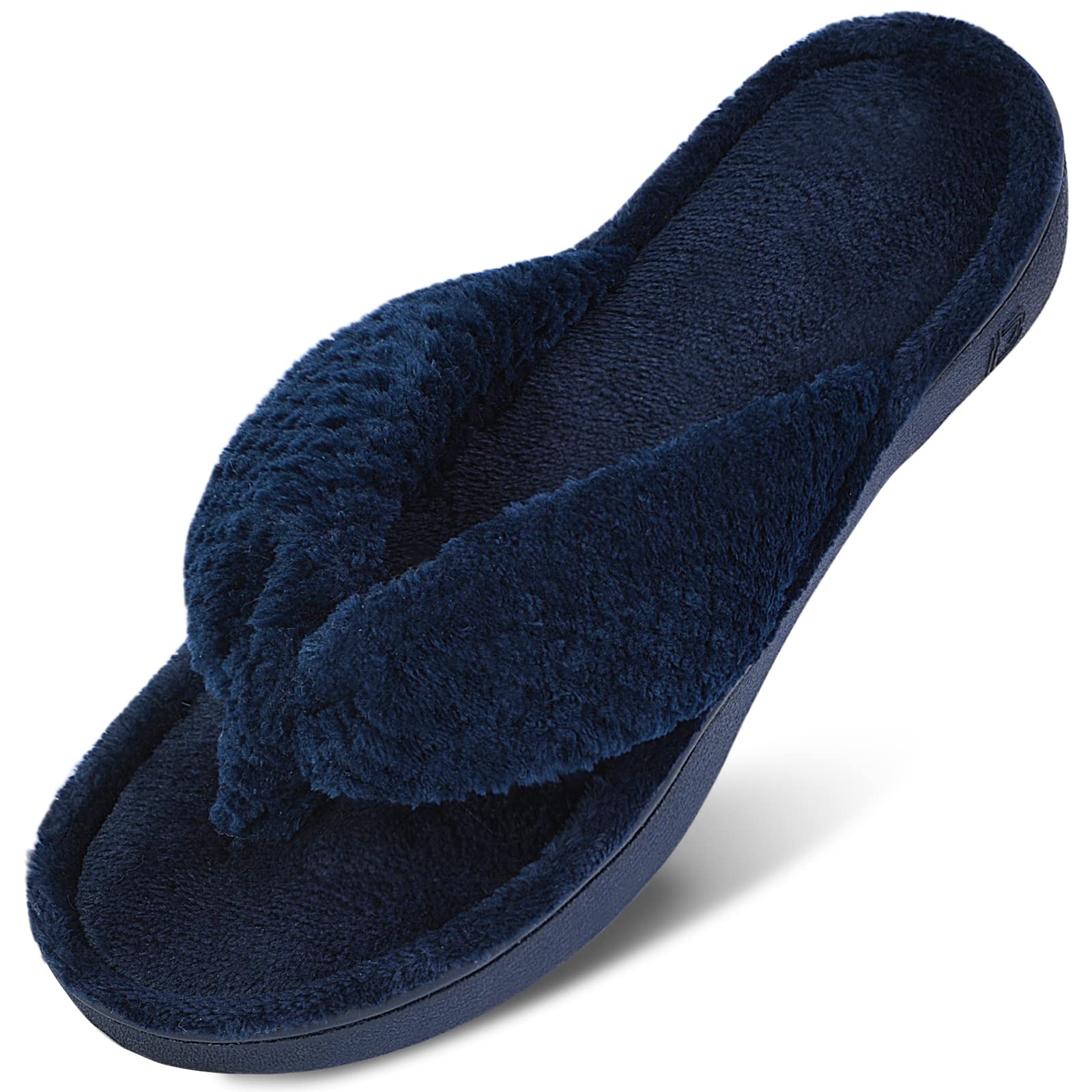 DL Women's Flip Flop Memory Foam Slippers with Cozy Terry Lining Soft Thong Slippers Slip on House Shoes with Indoor Outdoor Arch Support Rubber Sole, Navy, 9-10