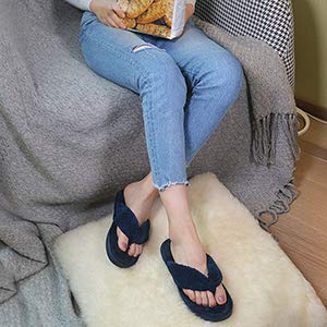 DL Women's Flip Flop Memory Foam Slippers with Cozy Terry Lining Soft Thong Slippers Slip on House Shoes with Indoor Outdoor Arch Support Rubber Sole, Navy, 9-10