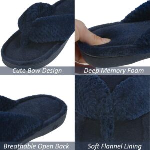 DL Women's Flip Flop Memory Foam Slippers with Cozy Terry Lining Soft Thong Slippers Slip on House Shoes with Indoor Outdoor Arch Support Rubber Sole, Navy, 9-10