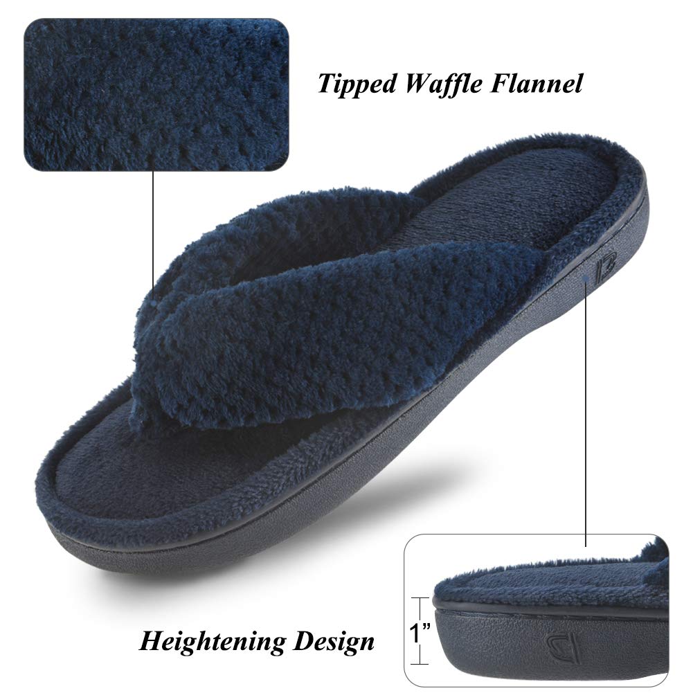 DL Women's Flip Flop Memory Foam Slippers with Cozy Terry Lining Soft Thong Slippers Slip on House Shoes with Indoor Outdoor Arch Support Rubber Sole, Navy, 9-10