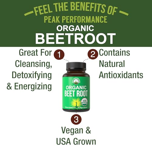 USDA Organic Beet Root Vegan Capsules. Beets Juice Powder Super Food Pills 1200 mg. Nitric Oxide Energy Boosting Beetroot Extract Capsules. Polyphenol Support Supplement for Women and Men