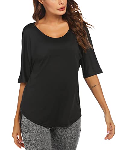 Pinspark Womens Breathable V Neck Cut Out Back Shirts Open Active Yoga Tops Black XL