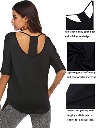 Pinspark Womens Breathable V Neck Cut Out Back Shirts Open Active Yoga Tops Black XL