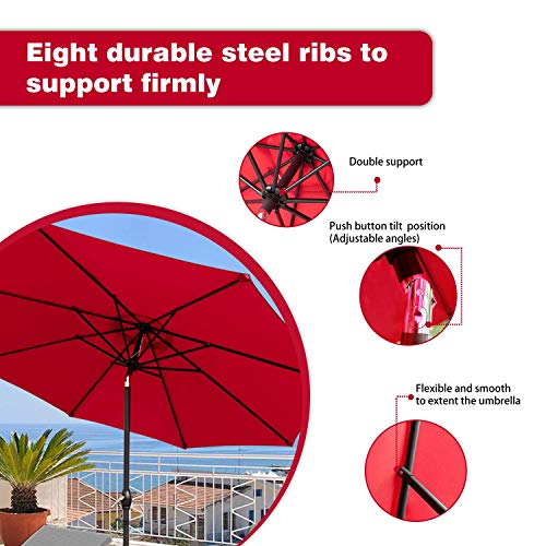 Greesum 9FT Patio Umbrella Outdoor Market Table Umbrella with Push Button Tilt, Crank and 8 Sturdy Ribs for Garden, Lawn,Backyard & Pool,Red