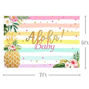 MEHOFOND Aloha Girl Baby Shower Backdrop Confetti Colorful Stripes Summer Tropical Hawaiian Luau Party Beach Seaside Pineapple Floral Background for Photography Photo Booth Banner 7x5ft