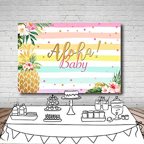 MEHOFOND Aloha Girl Baby Shower Backdrop Confetti Colorful Stripes Summer Tropical Hawaiian Luau Party Beach Seaside Pineapple Floral Background for Photography Photo Booth Banner 7x5ft