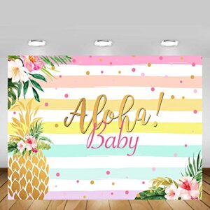 MEHOFOND Aloha Girl Baby Shower Backdrop Confetti Colorful Stripes Summer Tropical Hawaiian Luau Party Beach Seaside Pineapple Floral Background for Photography Photo Booth Banner 7x5ft