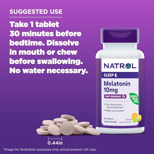 Natrol Melatonin 10mg, Citrus-Flavored Dietary Supplement for Restful Sleep, 60 Fast-Dissolve Tablets, 60 Day Supply