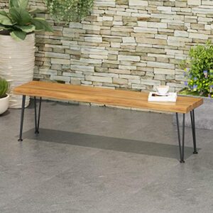 Christopher Knight Home Gladys Outdoor Modern Industrial Acacia Wood Bench Hairpin Legs, Teak and Rustic Metal