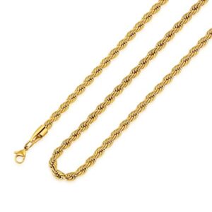 m mooham gold chain for men, 3mm 20 inch stainless steel gold plated twist rope chain necklace for men