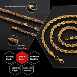 M MOOHAM Gold Chain for Men, 3mm 20 Inch Stainless Steel Gold Plated Twist Rope Chain Necklace for Men