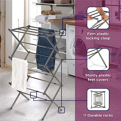 BLACK + DECKER 3 Tier Expandable Collapsing Foldable Laundry Rack for Air Drying Clothing, Space Saving Heavy Duty Lightweight Metal Drying Rack(Silver)