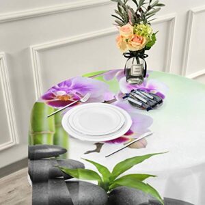 Pfrewn Spa Zen Garden Round Tablecloth Basalt Stones Orchid Table Cloth Cover Mat Lace Washable Polyester 60" Dining Decorative for Holiday Home Party Wedding Picnic