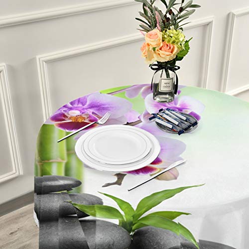 Pfrewn Spa Zen Garden Round Tablecloth Basalt Stones Orchid Table Cloth Cover Mat Lace Washable Polyester 60" Dining Decorative for Holiday Home Party Wedding Picnic