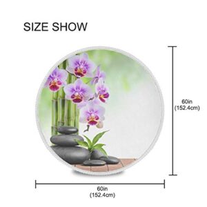 Pfrewn Spa Zen Garden Round Tablecloth Basalt Stones Orchid Table Cloth Cover Mat Lace Washable Polyester 60" Dining Decorative for Holiday Home Party Wedding Picnic