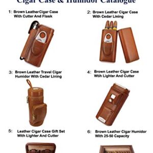 AMANCY Portable Multi-Function Brown Leather Cedar Wood Lined 5 Holder Cigar Case, Cigar Organizer Humidor with Cutter and Lighter,Great Gift for Cigar Lovers