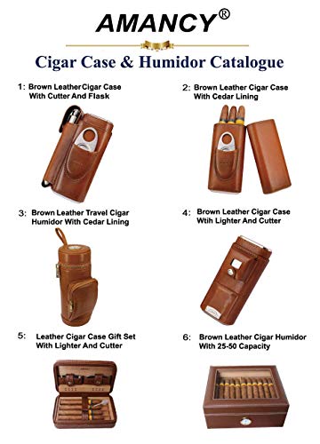 AMANCY Portable Multi-Function Brown Leather Cedar Wood Lined 5 Holder Cigar Case, Cigar Organizer Humidor with Cutter and Lighter,Great Gift for Cigar Lovers